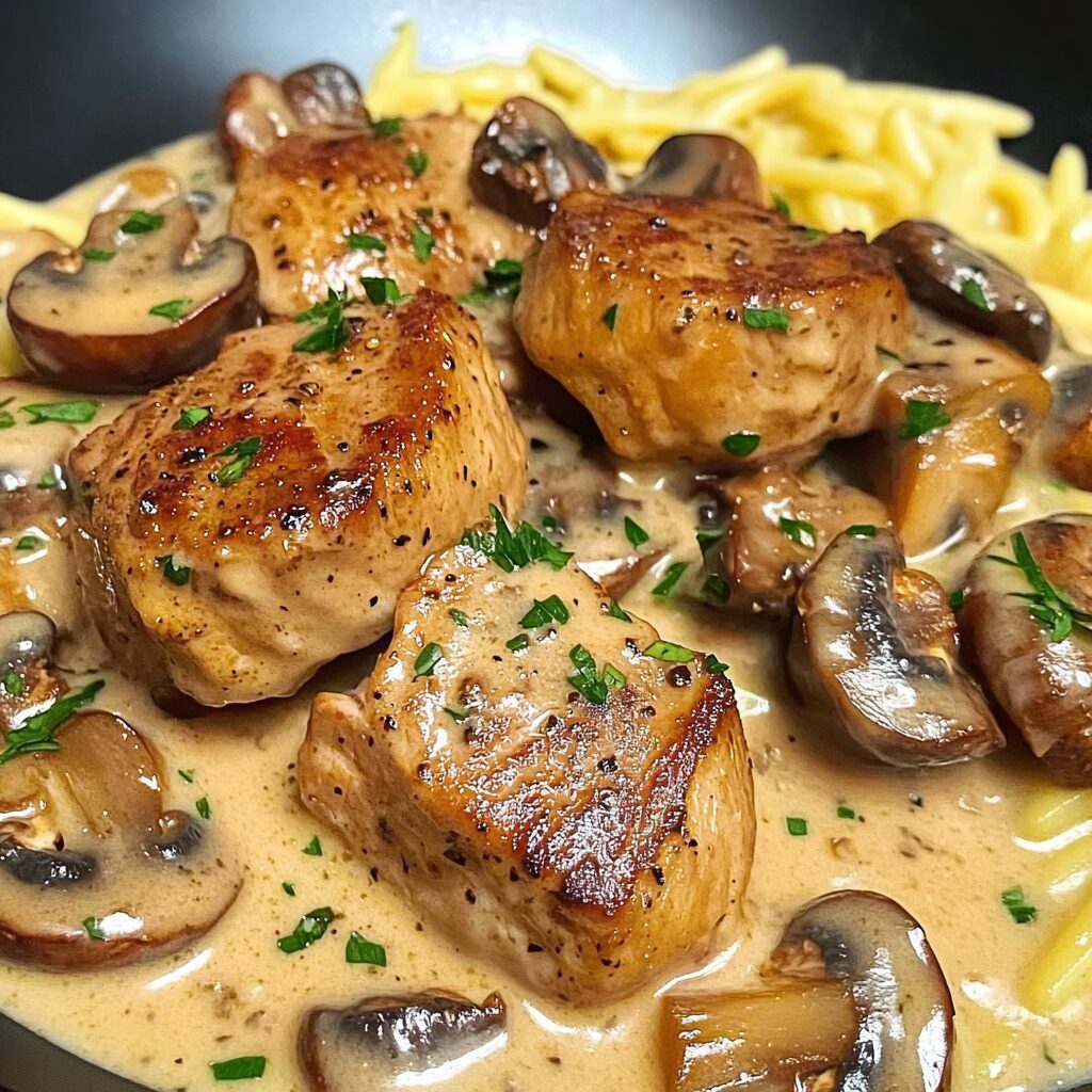Pork Tenderloin in Creamy Mushroom Sauce with Pasta