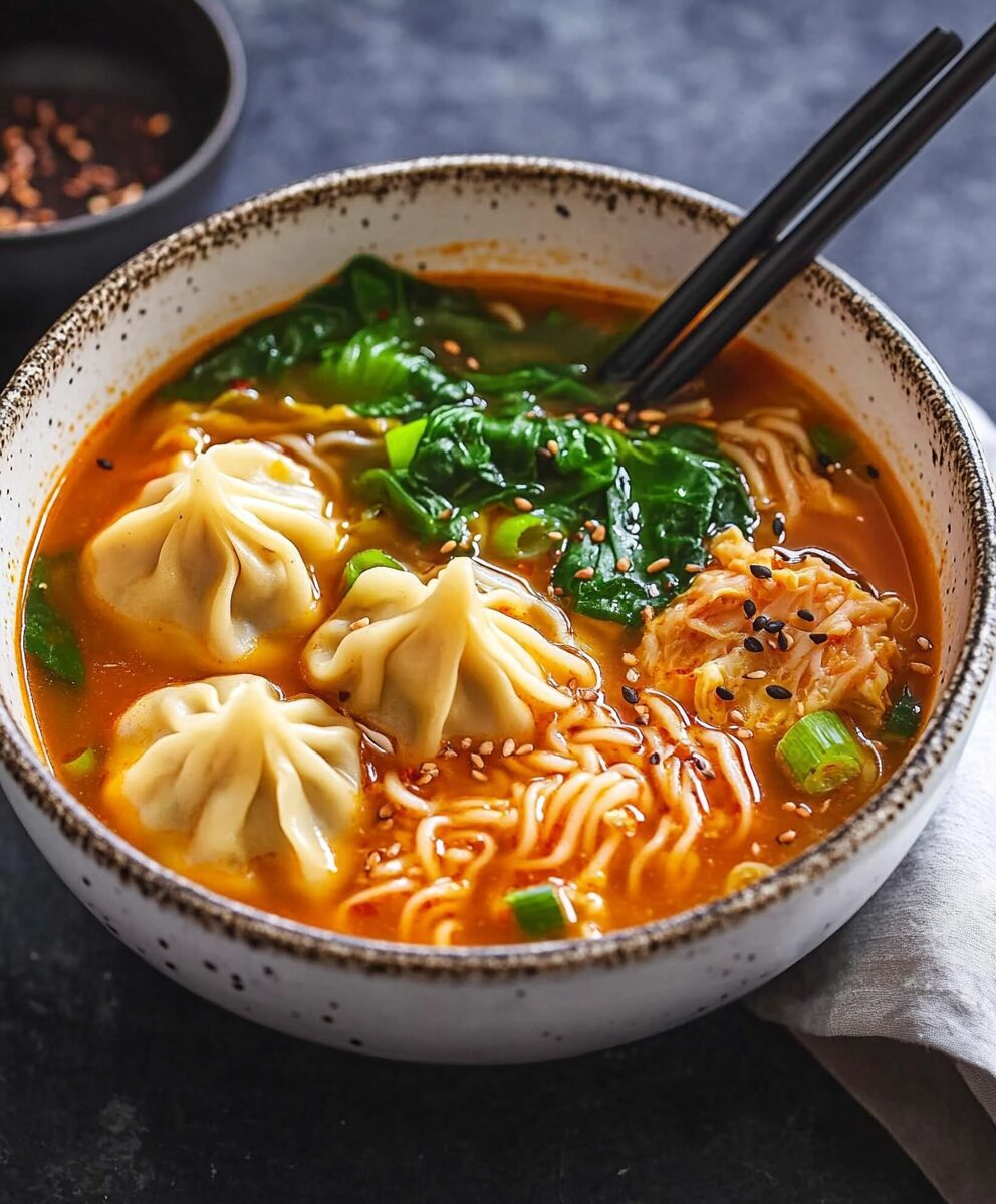 Kimchi Noodle Soup with Dumplings