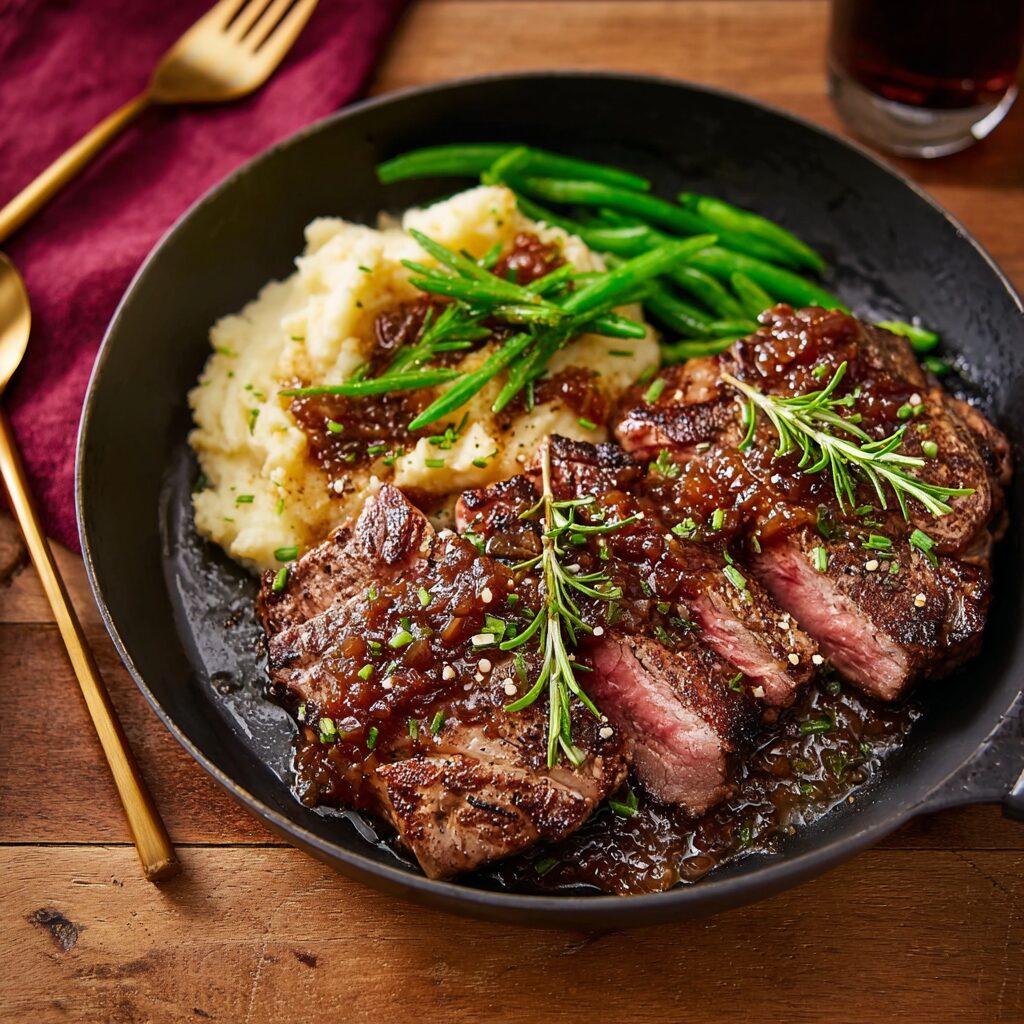 Ribeye and Roasted Garlic Pan Sauce with Mashed Potatoes and Green Beans