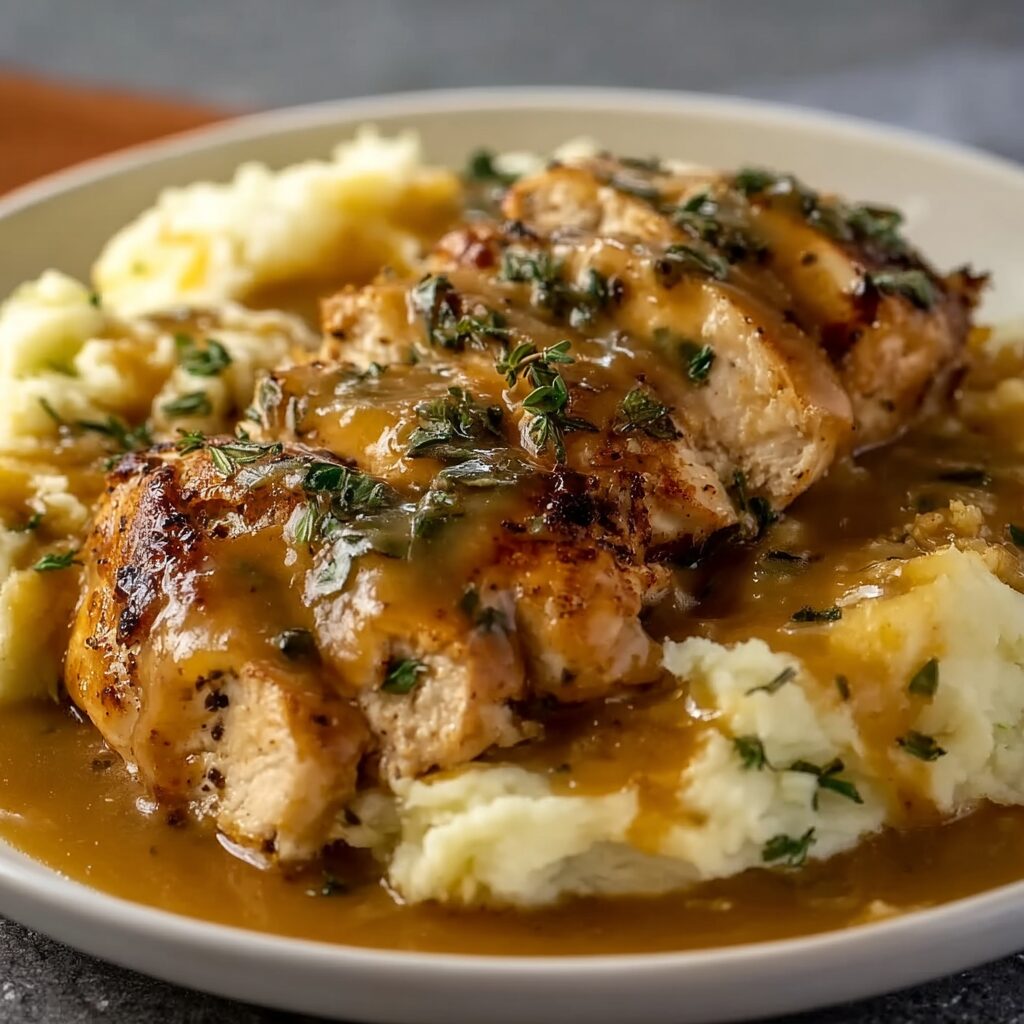 Chicken and Garlic Gravy with Cheesy Mashed Potatoes