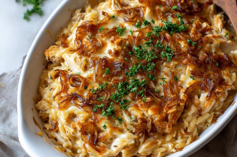French Onion Chicken Orzo Casserole